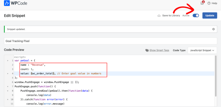 Guide to Enable Goal Tracking through WPCode - PushEngage